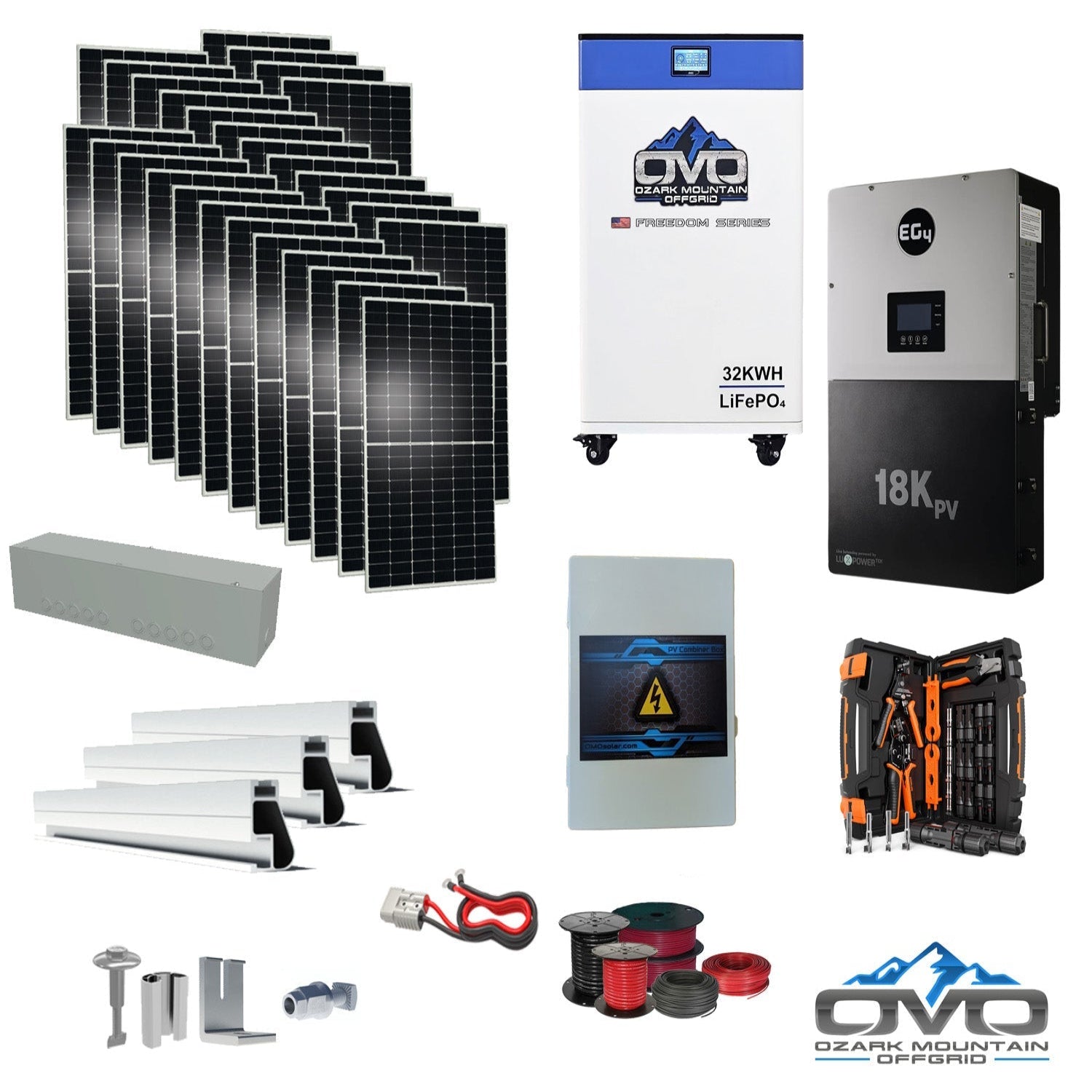 15KW Complete Offgrid Solar Kit + EG4 18kPV + 32KW OMO 48V Freedom Ser
